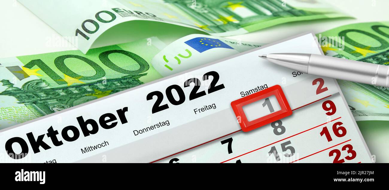 German calendar 2022 October 1 Saturday and Euro banknotes Stock Photo ...
