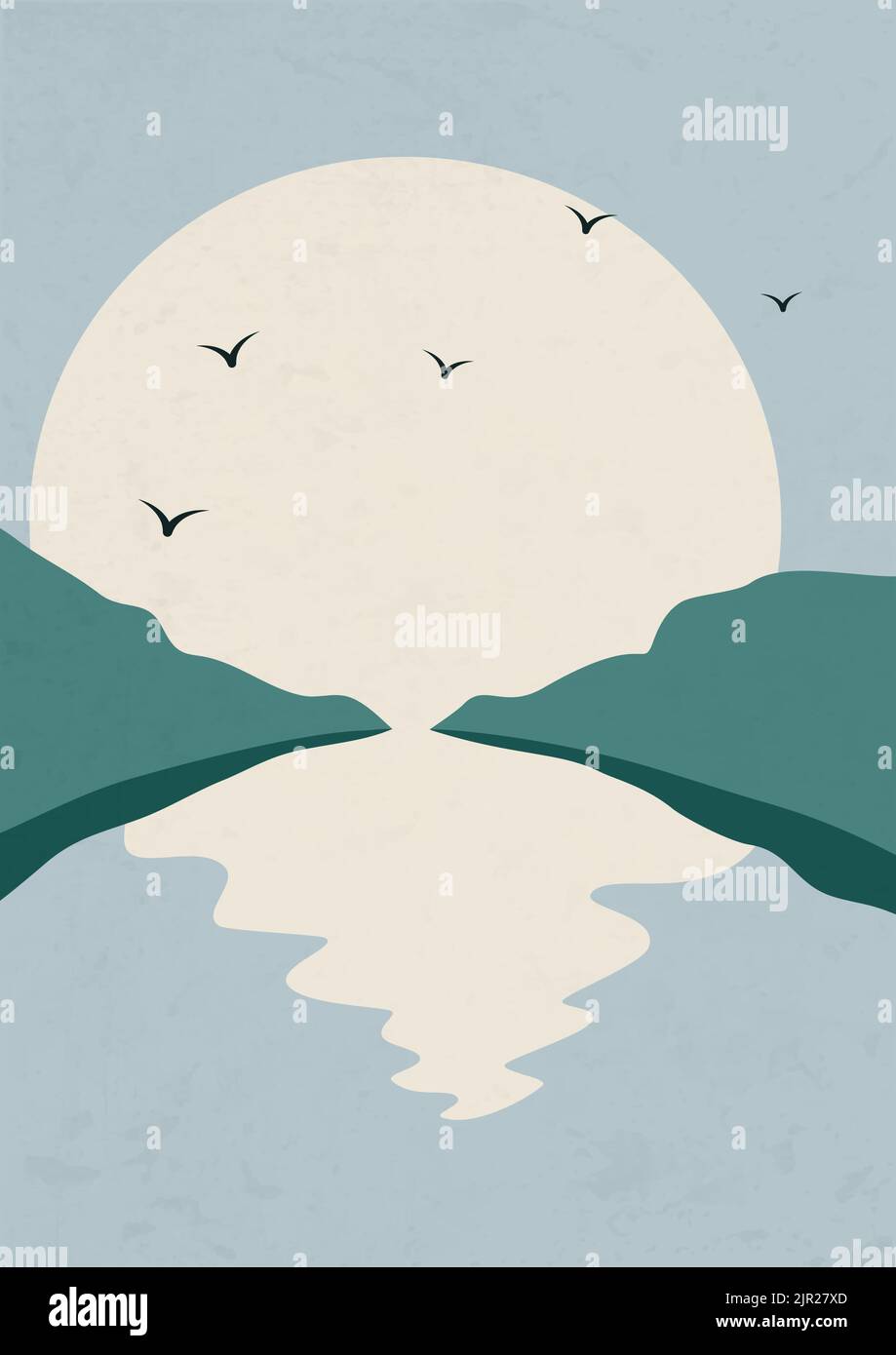 Japanese landscape poster illustration. Mountain and lake design. Boho ...