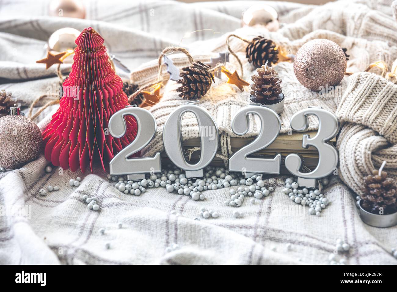 Christmas cozy background with numbers 2023 and decor details Stock ...