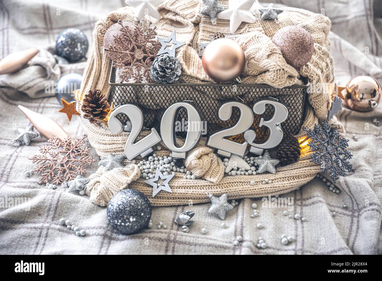 Christmas cozy background with numbers 2023 and decor details Stock ...