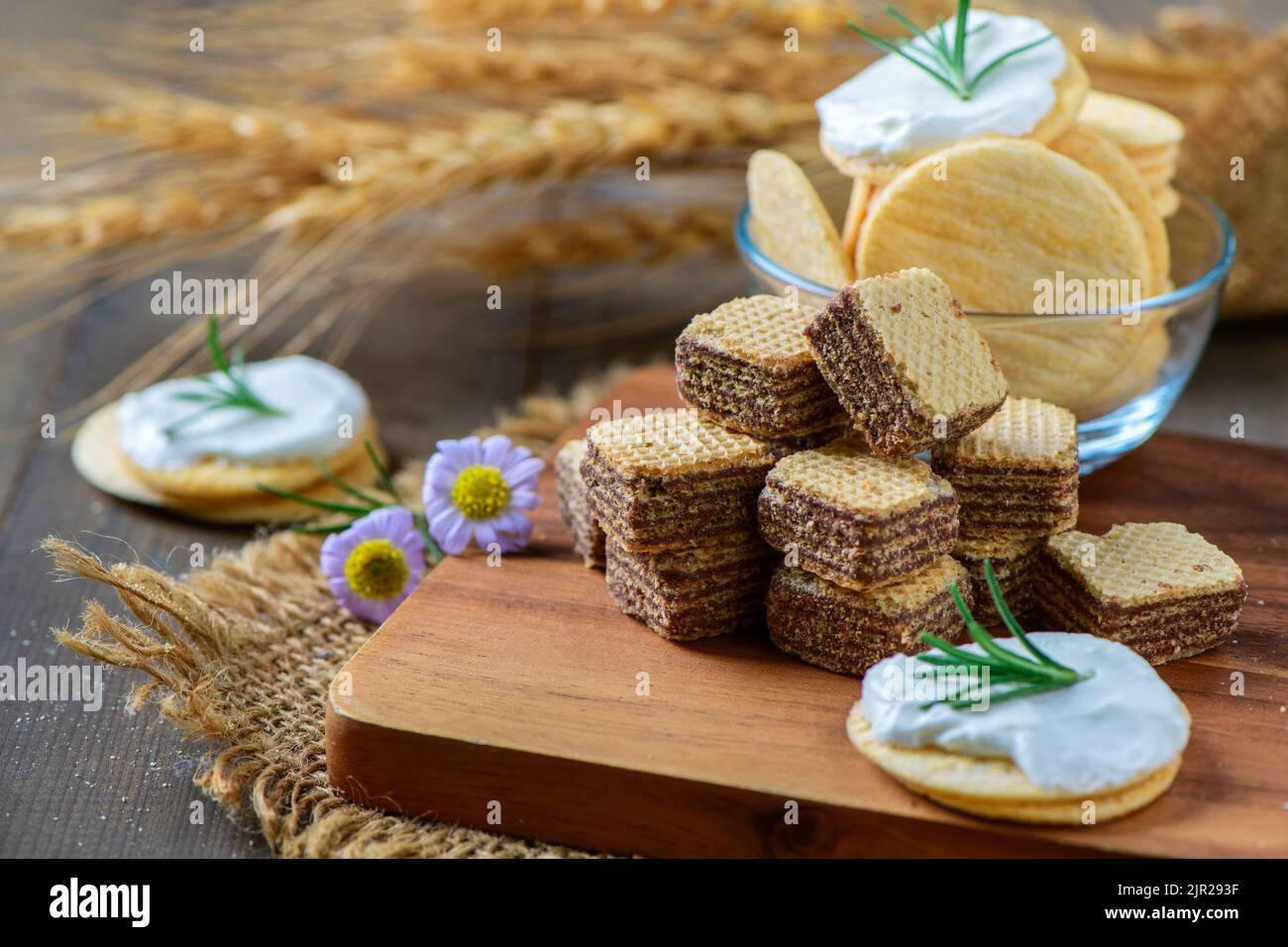 square chocolate wafer biscuits and crackers with cream cheese, bakery ...