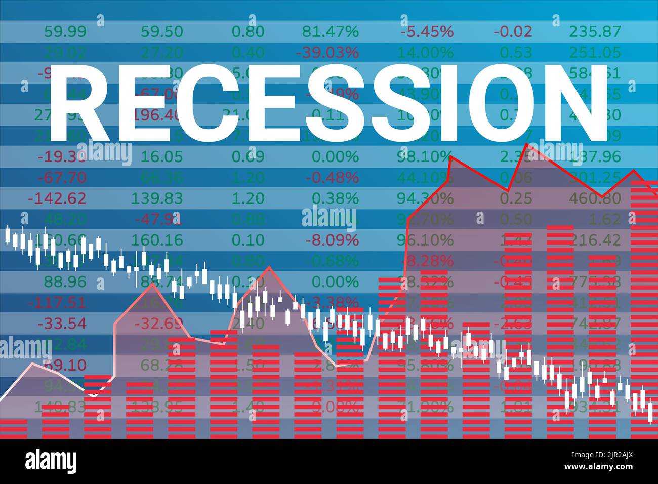 Word Recession on blue finance background with red line and columns ...