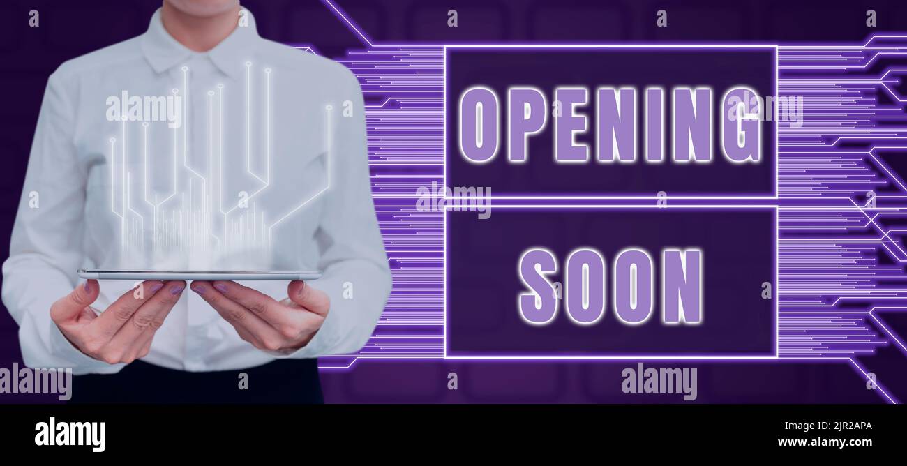 Hand writing sign Opening Soon. Business approach Going to be available ...