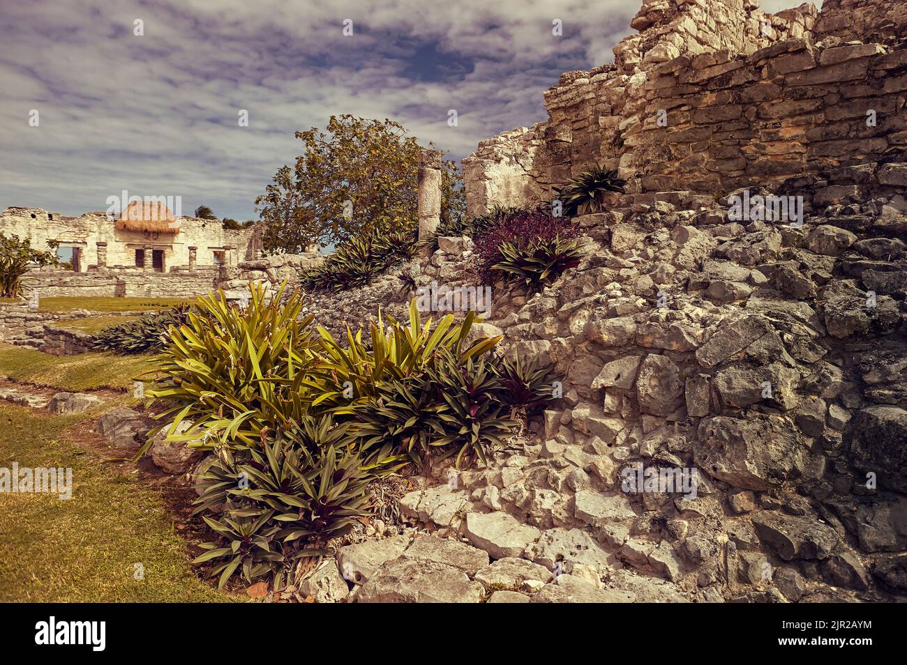 Detail of the architecture of the Mayan temples belonging to the ruins ...