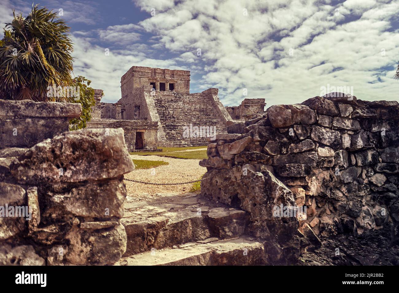 Temple of the frescos in the Mayan complex of Tulum, in Mexico taken ...