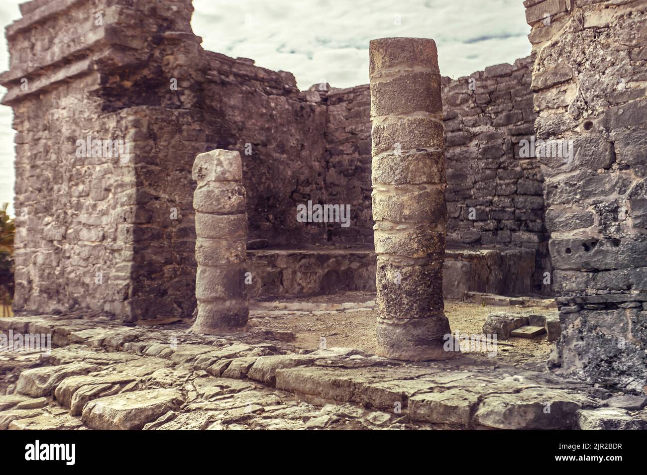 Detail of the columns of a Mayan temple of the tulum complex in mexico ...