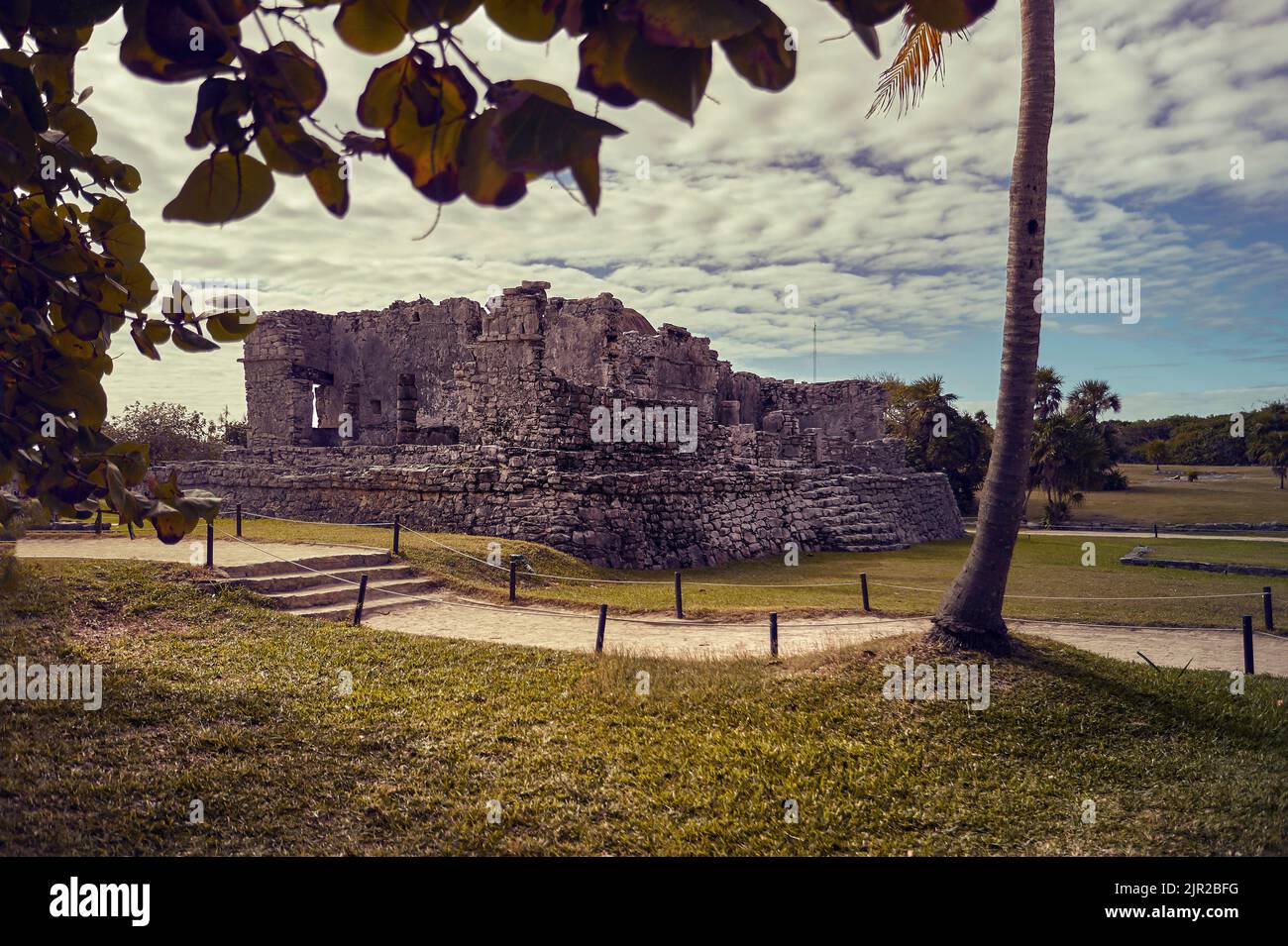 Ruins of Mayan buildings immersed in a green meadow: View of some parts ...