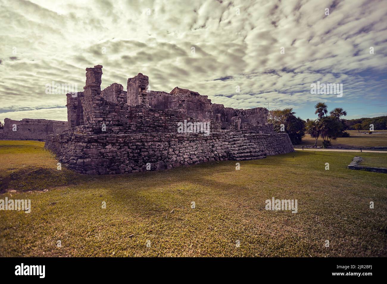 Ruins of Mayan building immersed in a green meadow: View of some parts ...