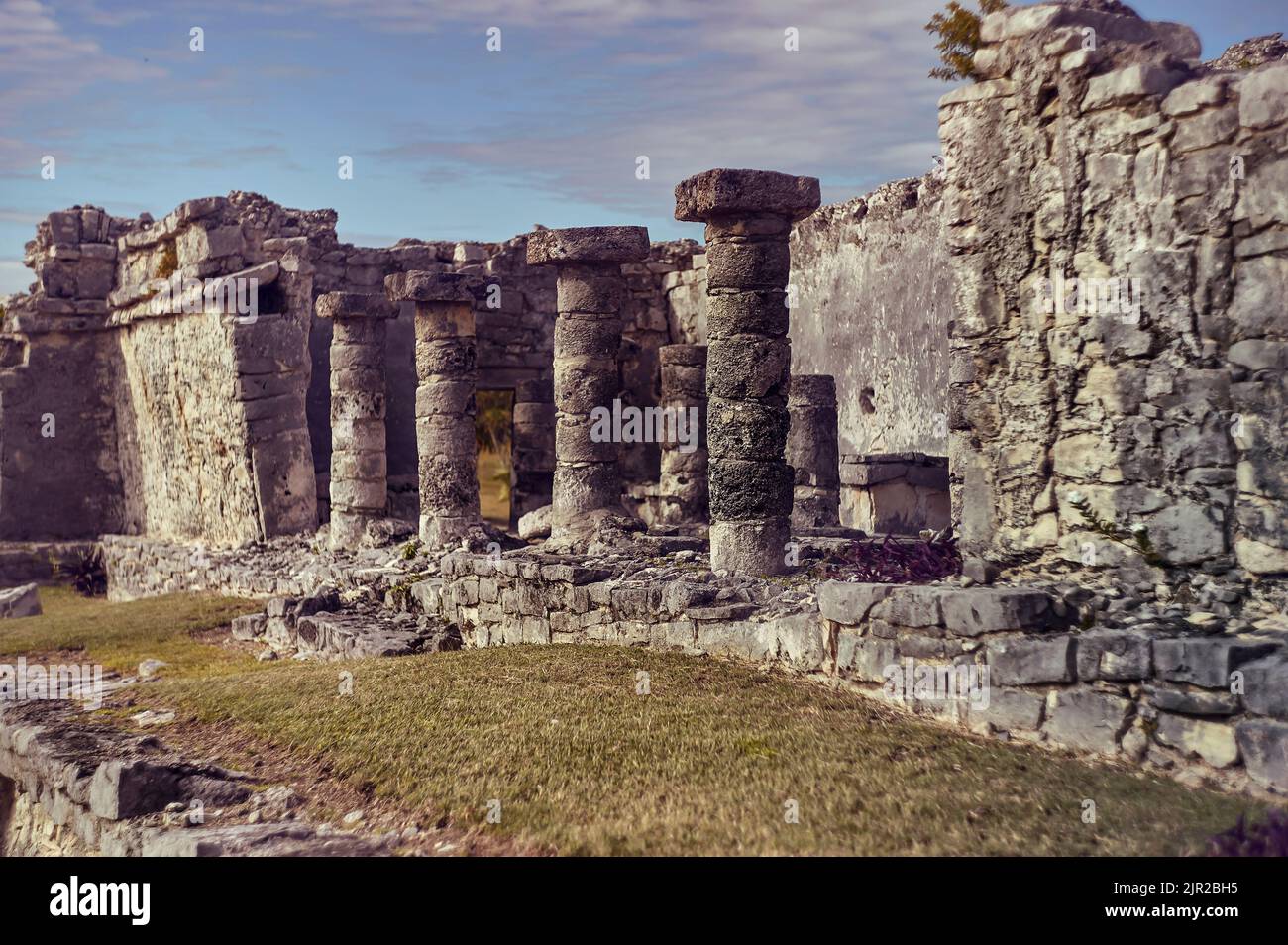 Detail of the columns of a Mayan temple of the tulum complex in mexico ...