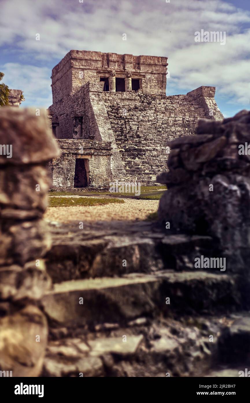 Temple of the frescos in the Mayan complex of Tulum, in Mexico taken ...