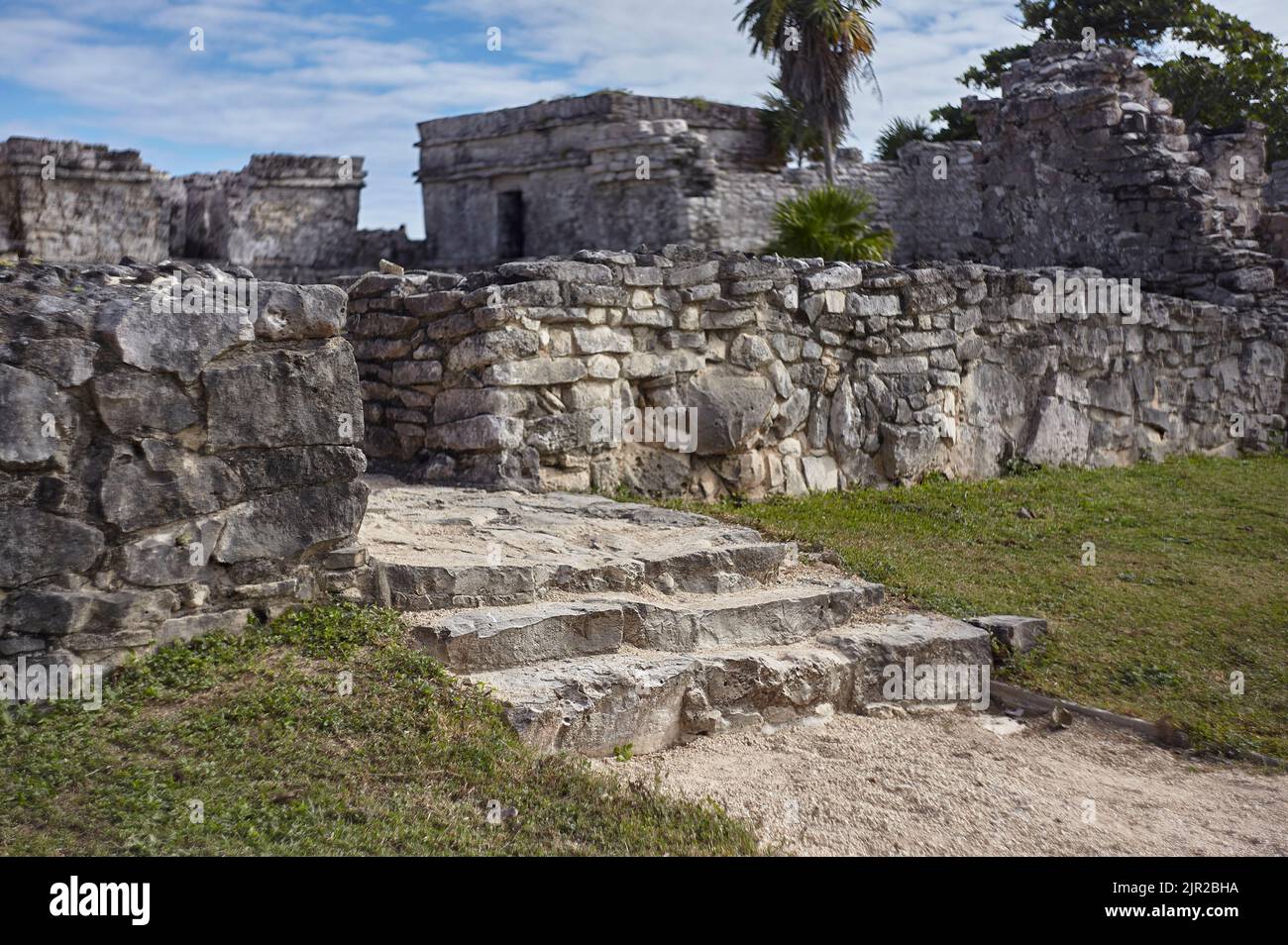 Detail of the stairs of a Mayan temple of the tulum complex in mexico ...