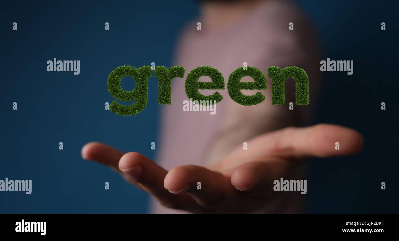 A 3d rendering of floating word "green" on a palm of a hand Stock Photo ...