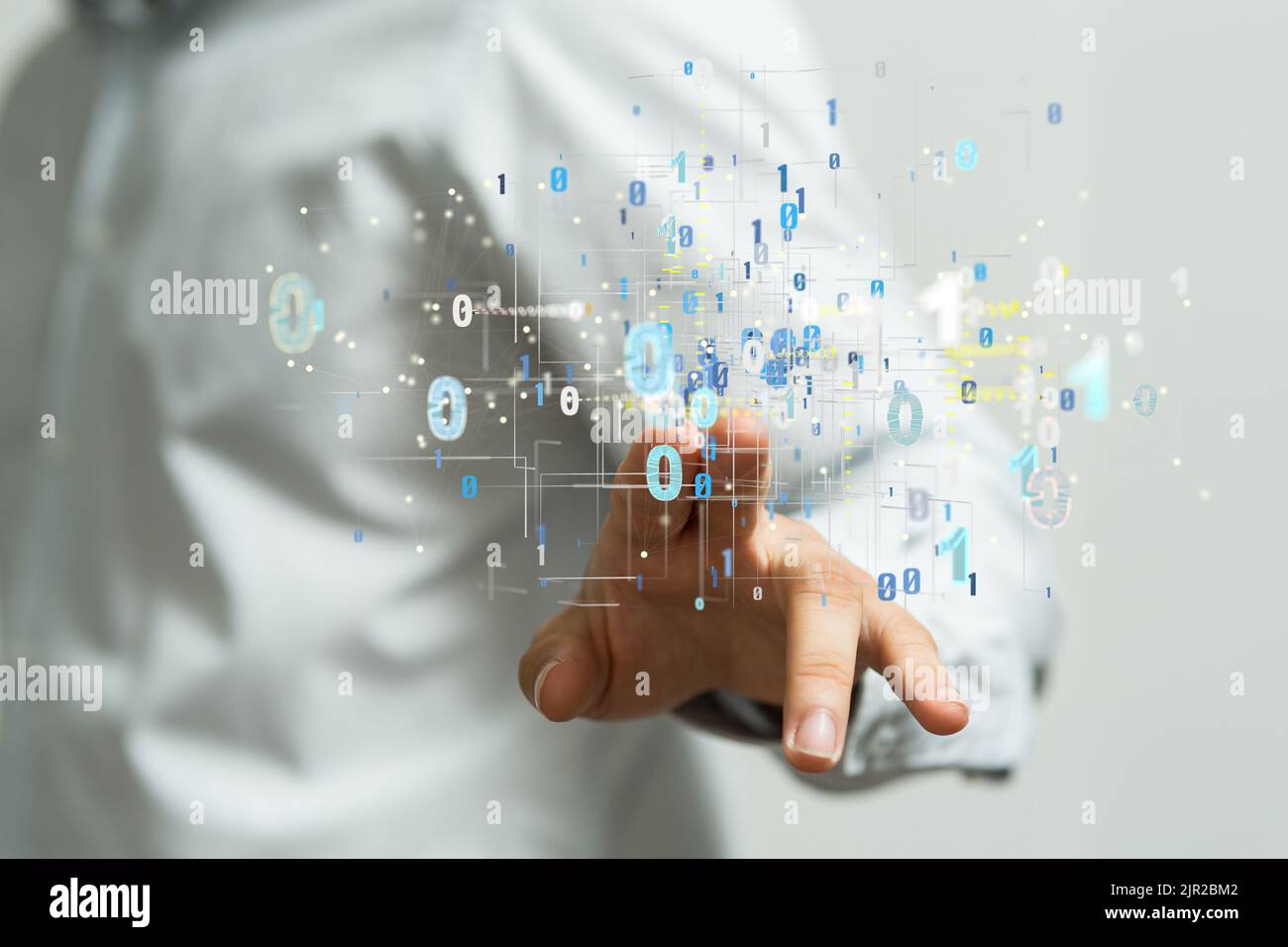 A finger touching a 3d rendering of floating numbers Stock Photo - Alamy