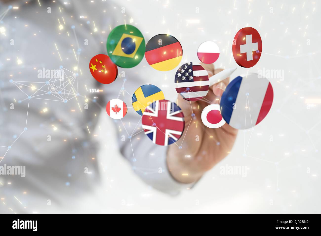 A finger touching a 3d rendering of floating flags Stock Photo - Alamy