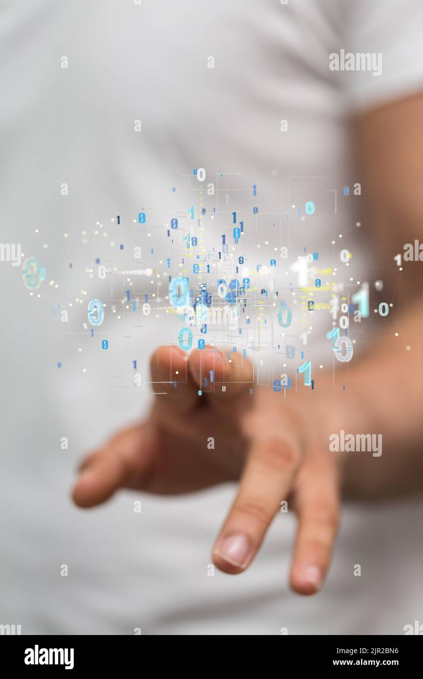 A finger touching a 3d rendering of floating connected numbers Stock ...