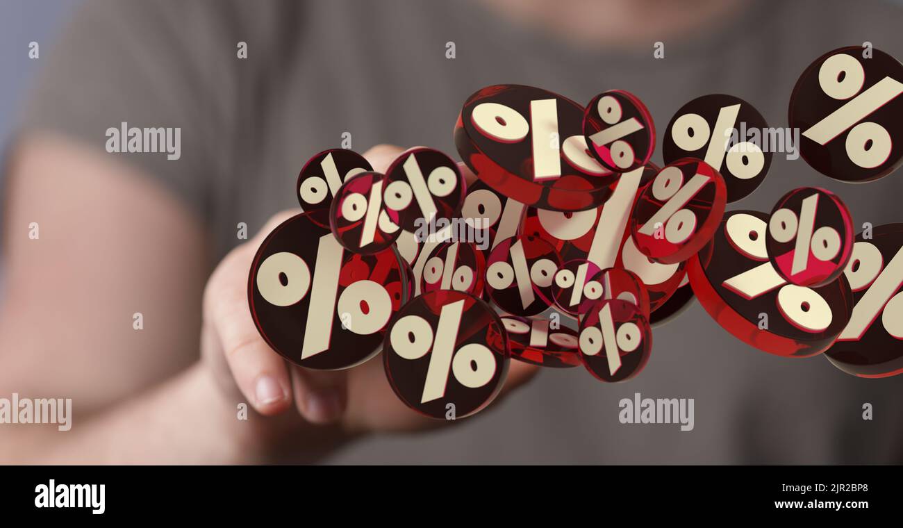 A finger touching a 3d rendering of floating percentage icons Stock ...