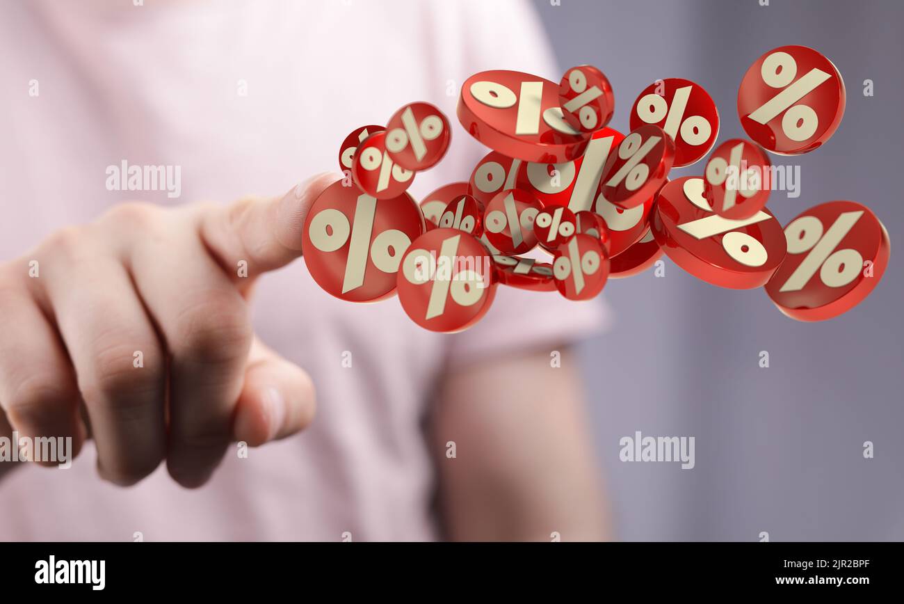 A finger touching a 3d rendering of floating percentage icons Stock ...