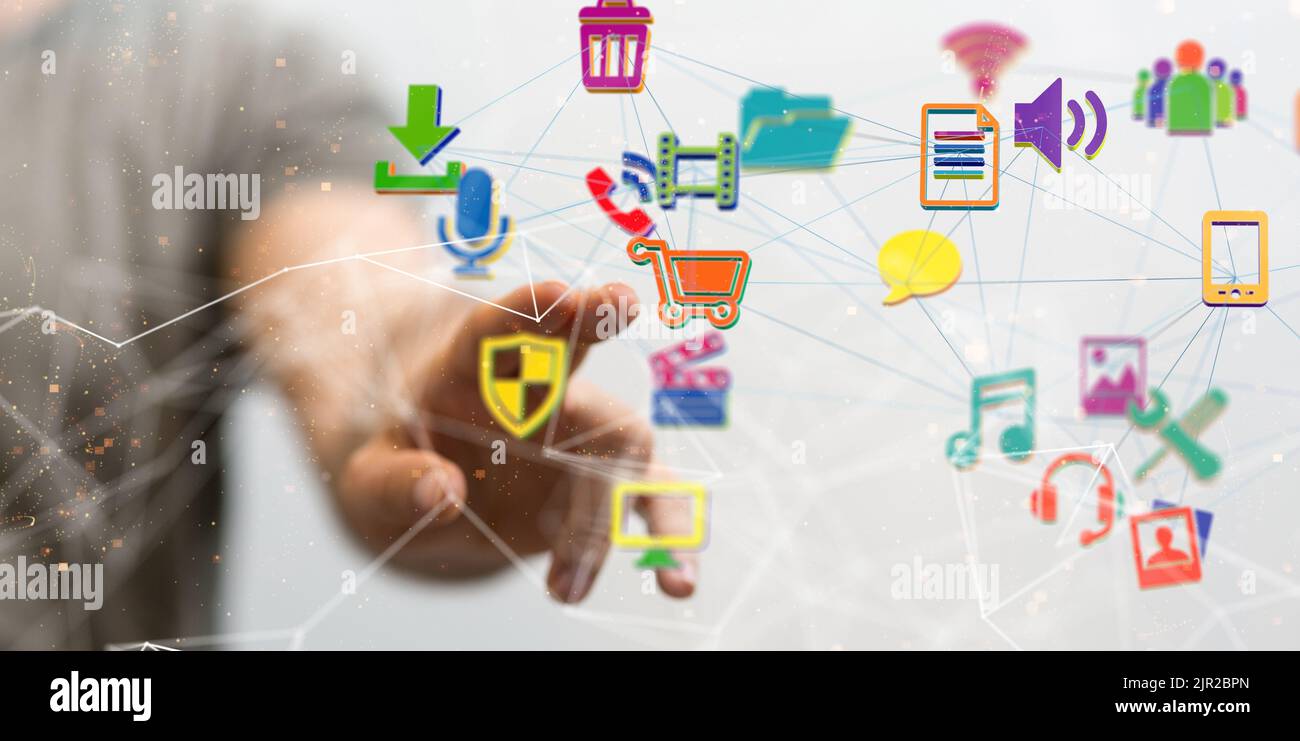 A finger touching a 3d rendering of social icons Stock Photo - Alamy