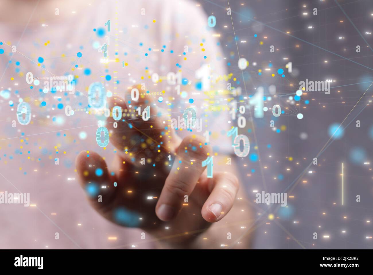 A finger touching a 3d rendering of floating connected numbers Stock ...