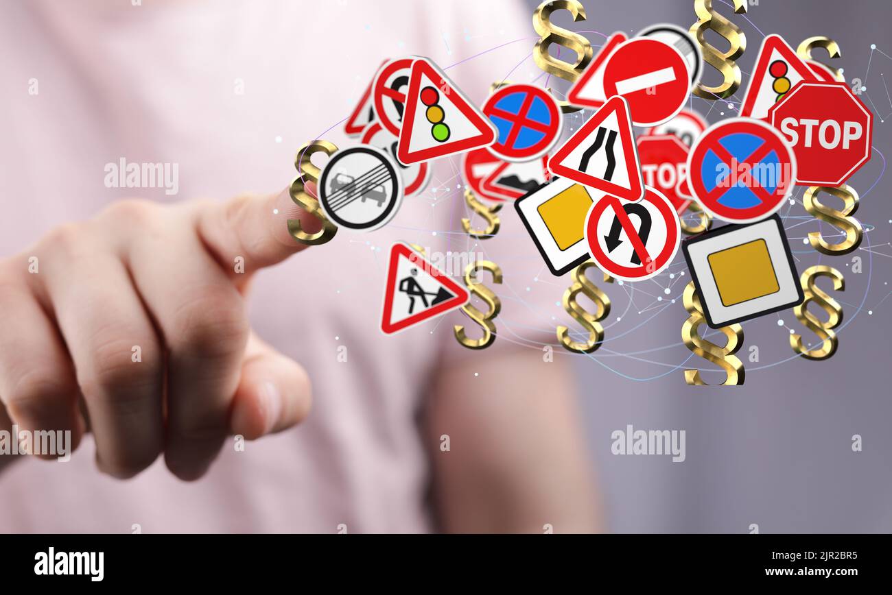 A finger touching a 3d rendering of floating road signs Stock Photo - Alamy
