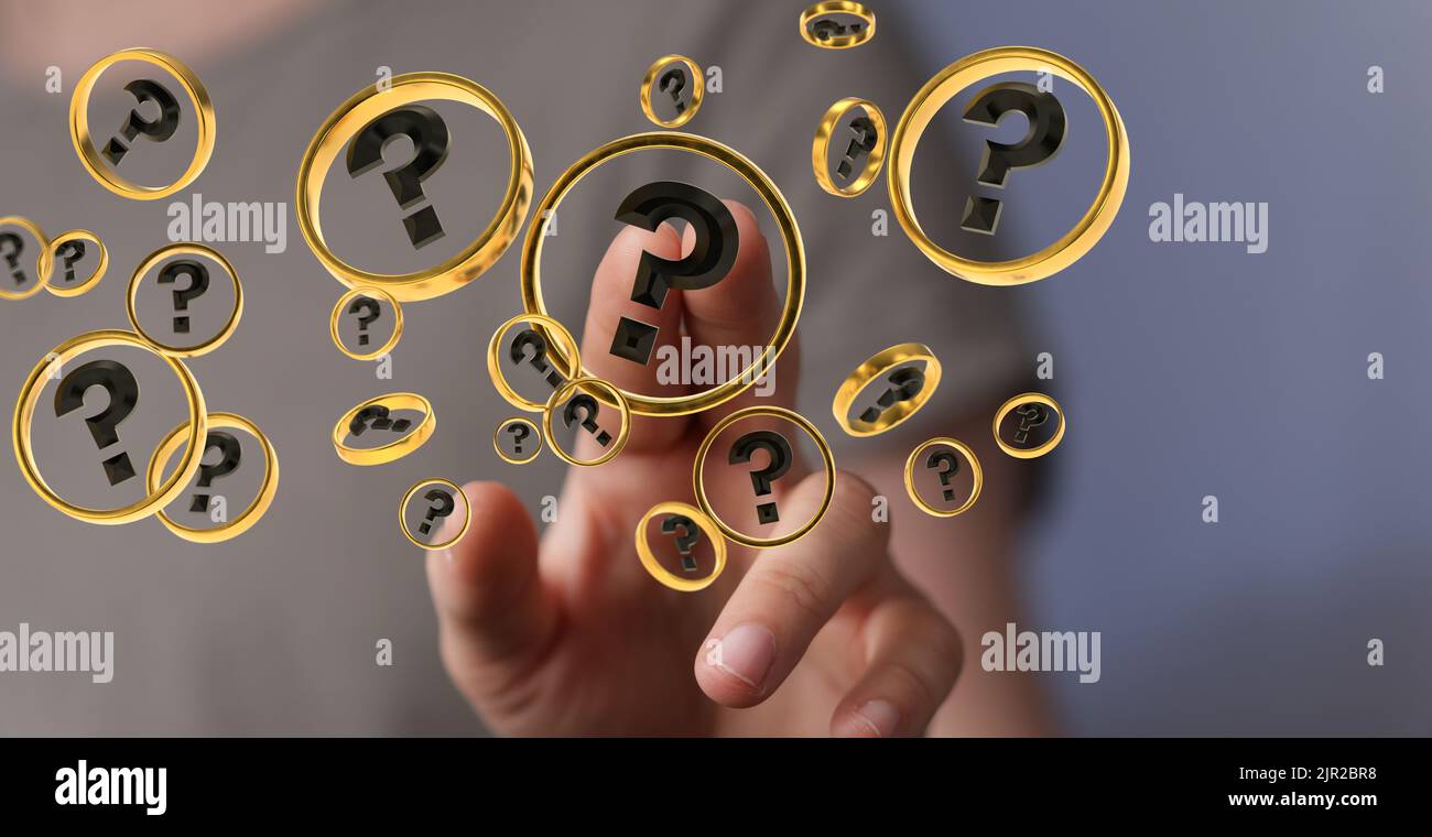 A finger touching a 3d rendering of floating question marks Stock Photo - Alamy