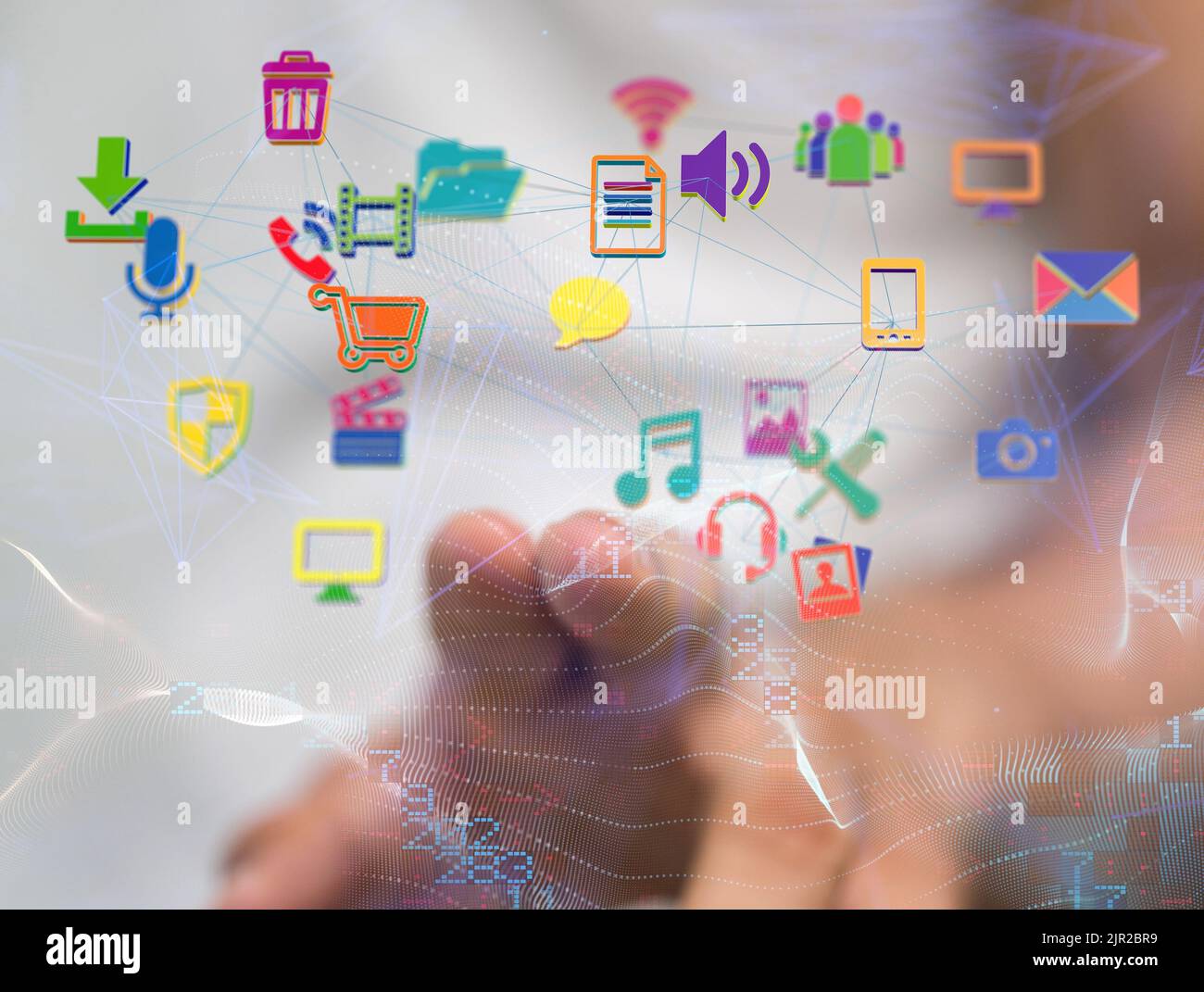 A finger touching a 3d rendering of social icons Stock Photo - Alamy