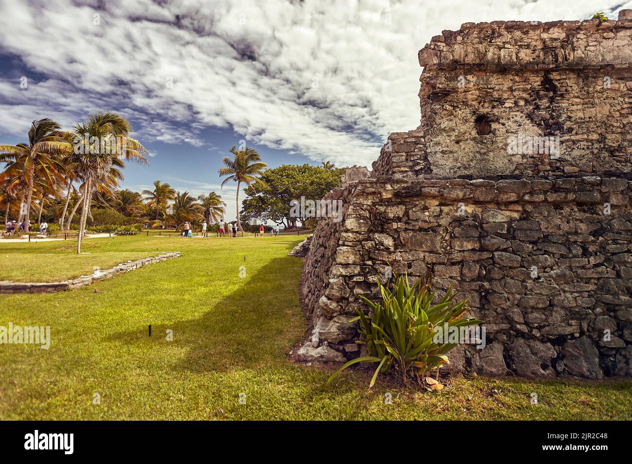 Ruins of Mayan building immersed in a green meadow: View of some parts ...