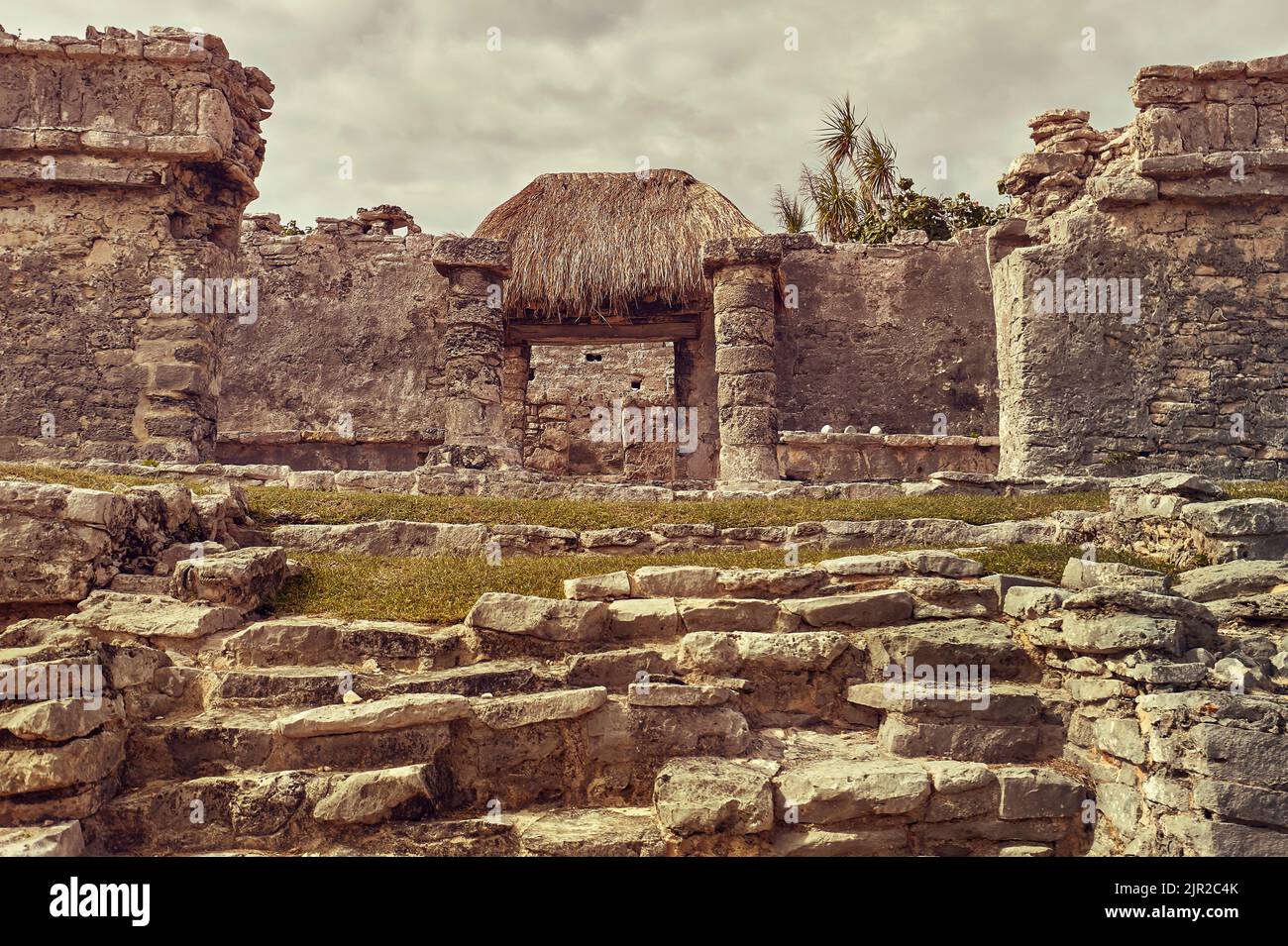 Detail of the columns of a Mayan temple of the tulum complex in mexico ...