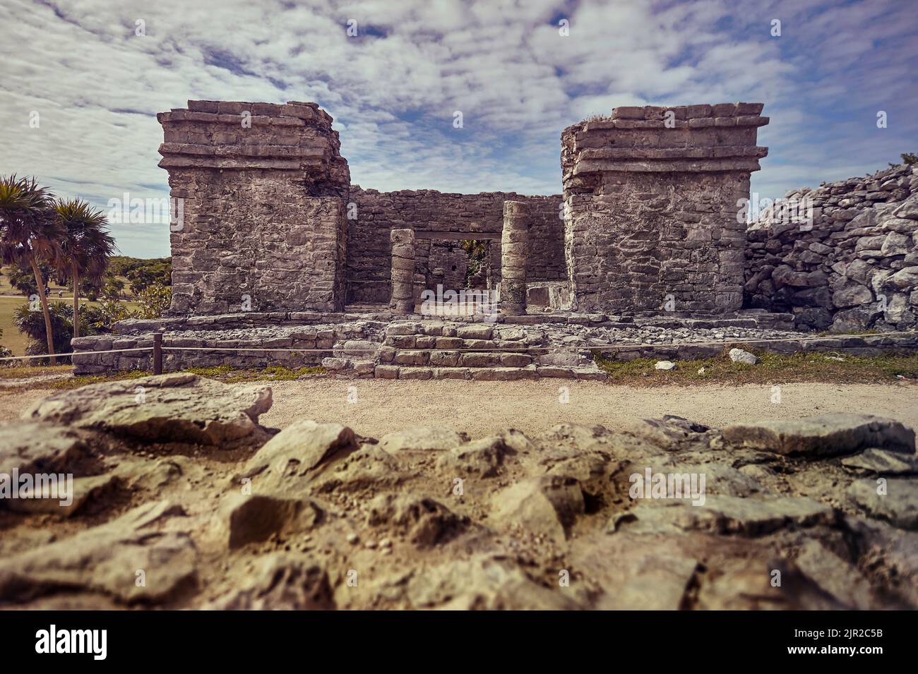 Detail of the columns and all building of a Mayan temple of the tulum ...