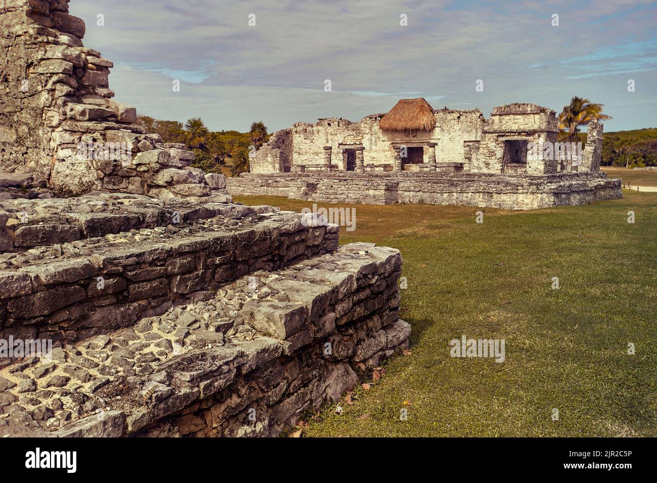 Ruins of Mayan building immersed in a green meadow: View of some parts ...