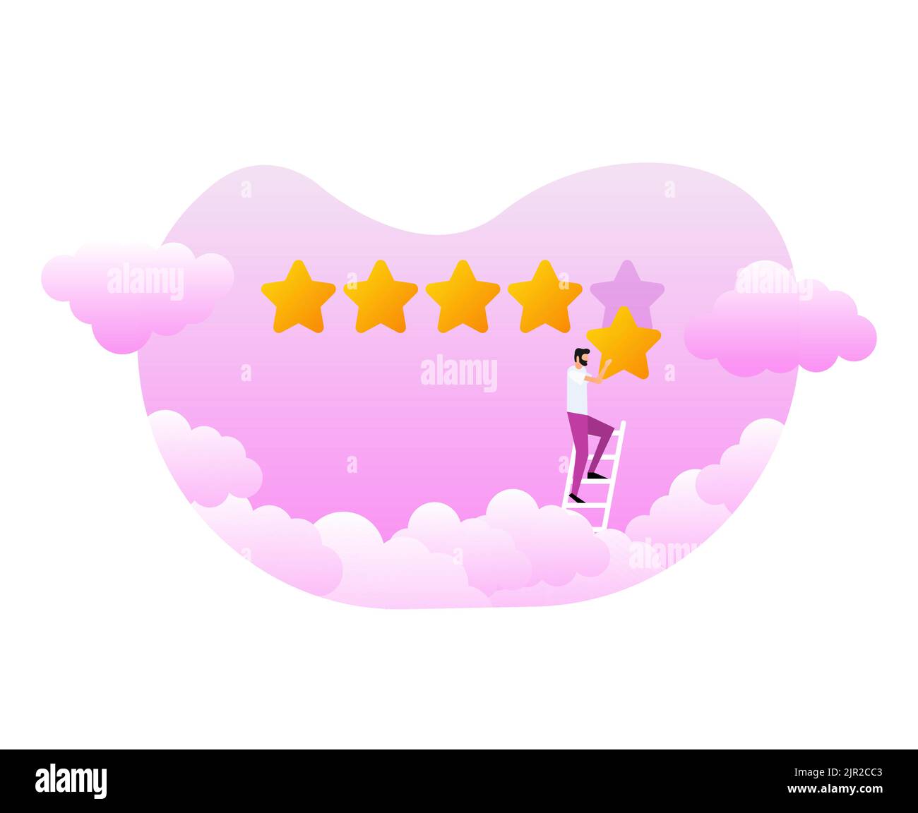 Customer review with gold star icon in laptop screen. People in flat ...