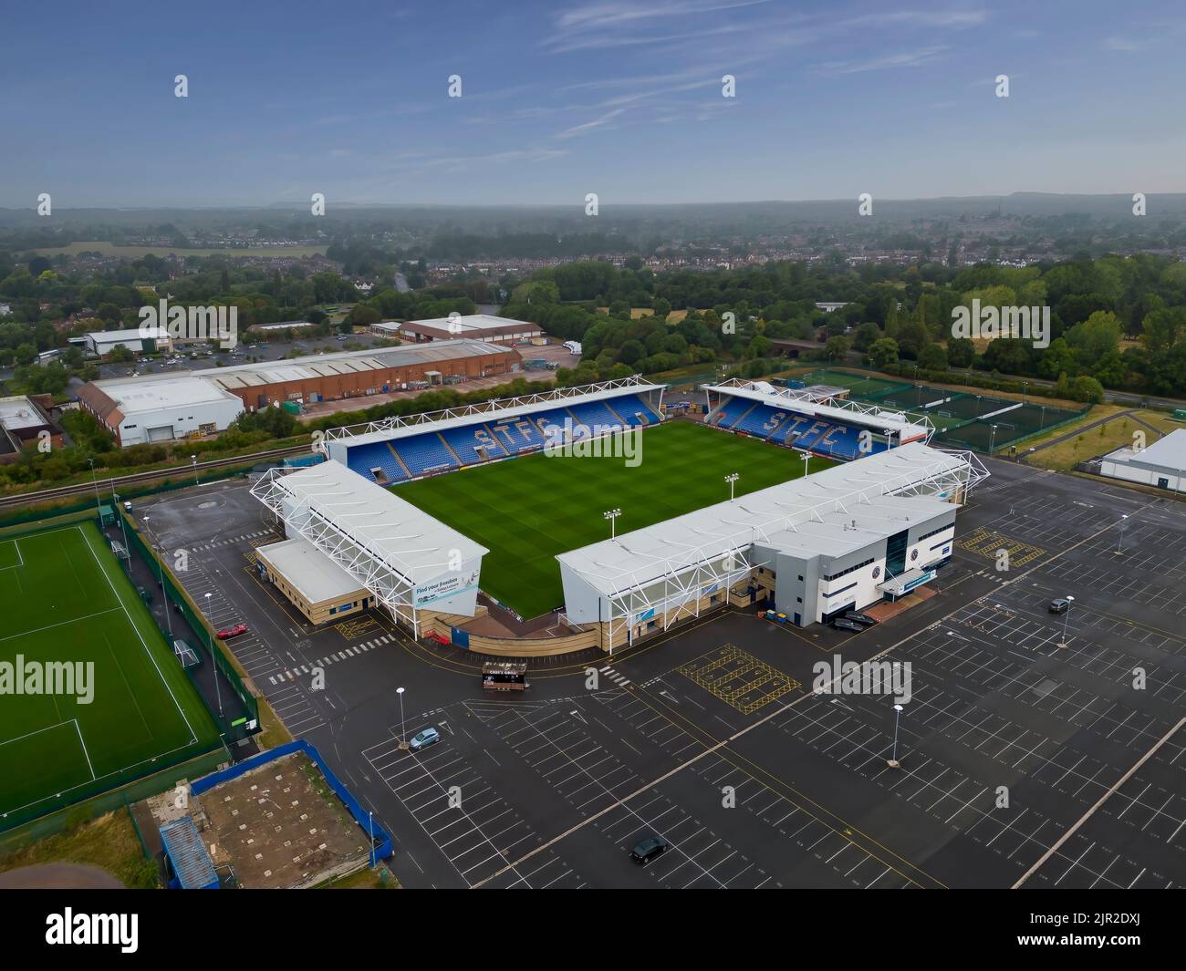 An aerial view of the Montgomery Waters Meadow, home of Shrewsbury Town ...