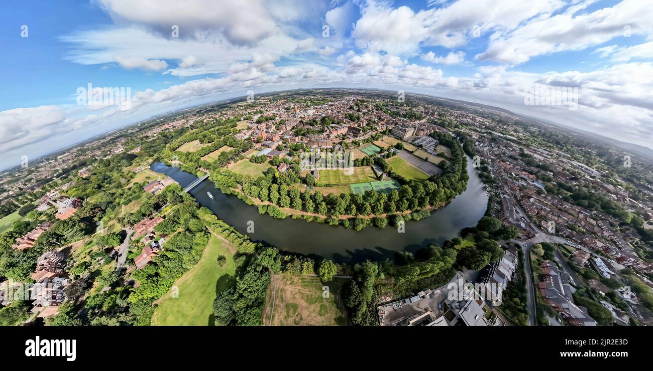 A panoramic view of the River Severn and the market town of Shrewsbury ...