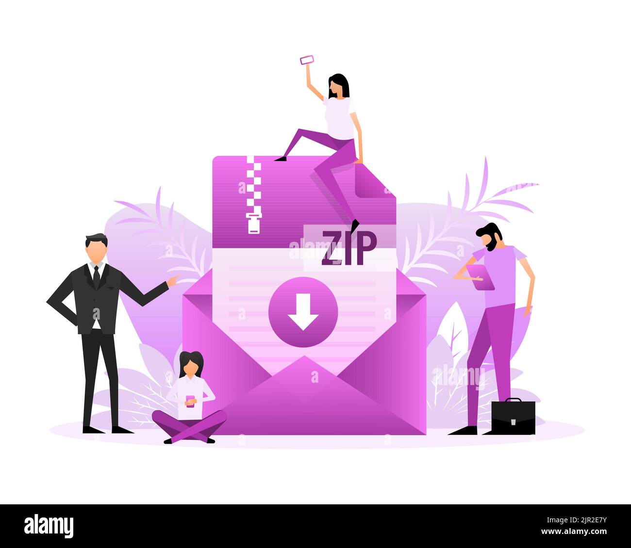 Download zip file. Group of people with zip document. Isometric vector ...