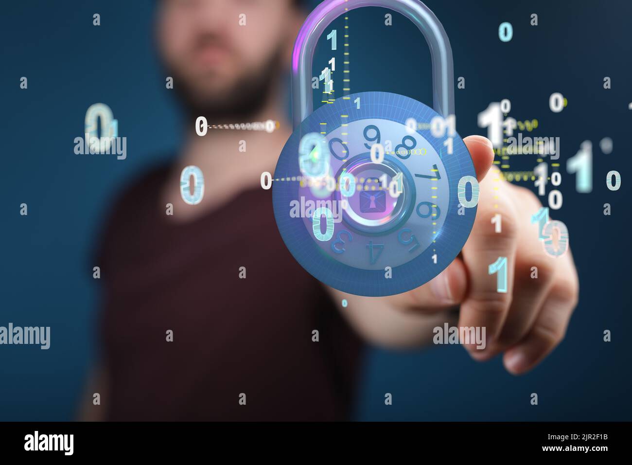 A Cybersecurity concept with a man touching a 3D rendered pad lock with floating numbers Stock ...