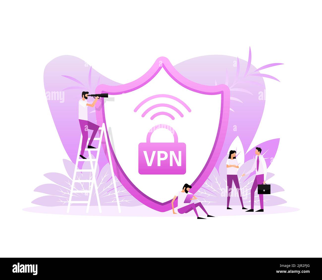 VPN flat blue secure badge on white background. Flat style characters ...