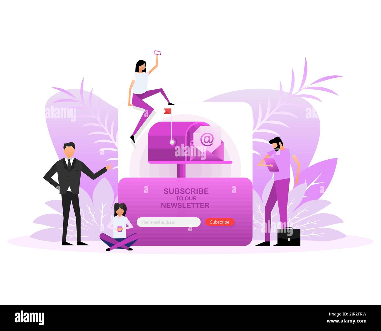 Web page with people in flat style on a white background. Subscribe to ...