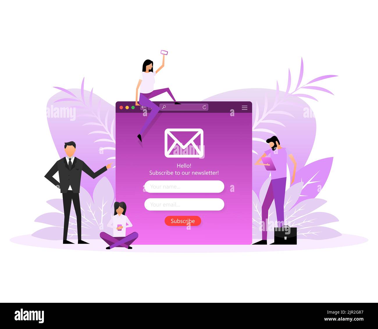 Web page with people in flat style on a white background. Subscribe to ...