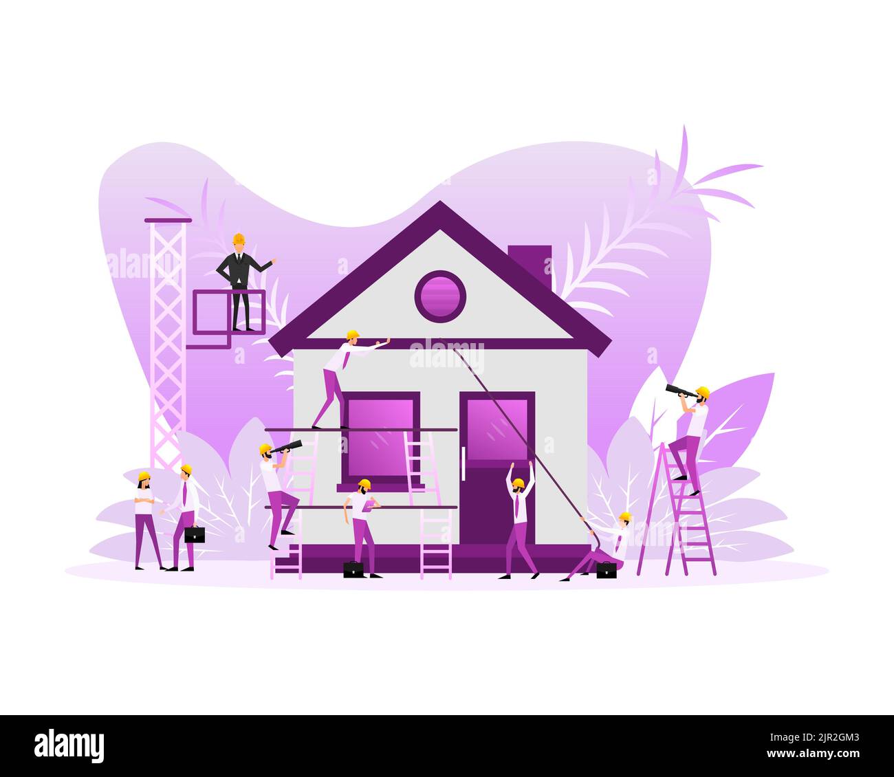 Flat icon with house construction people for site design. Vector line ...