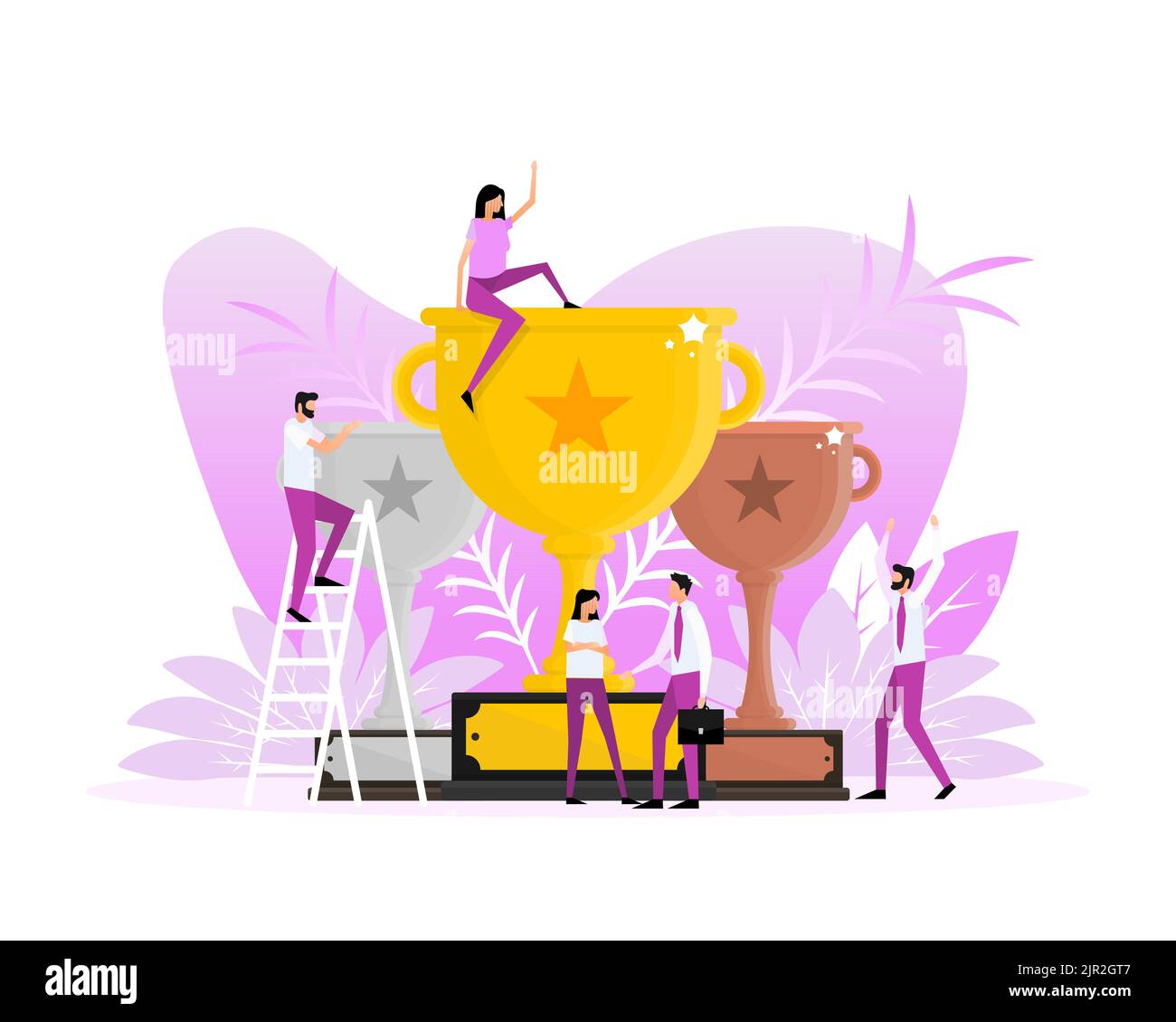 Success award people in flat style on gold background. Champion trophy ...