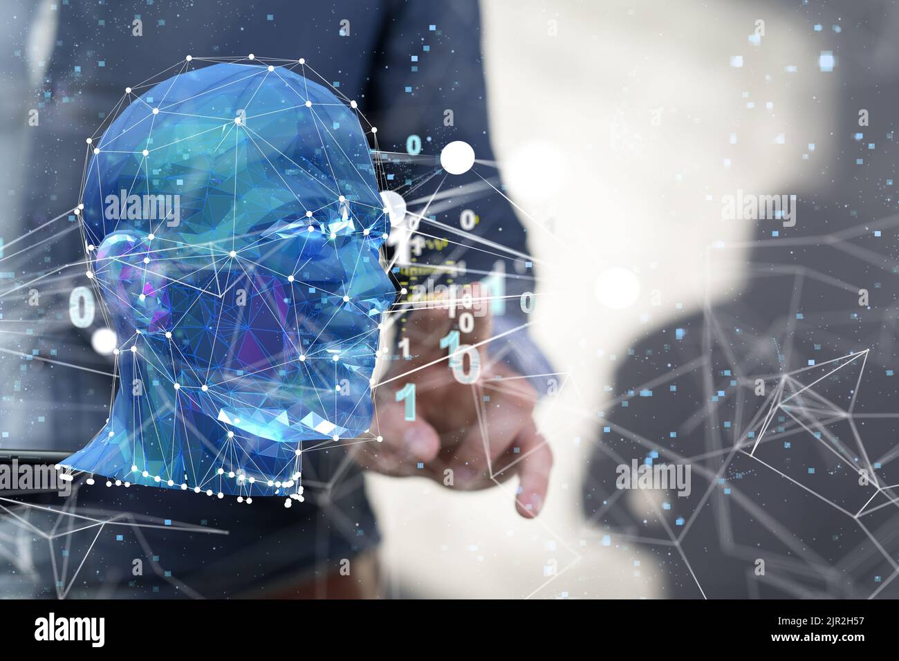 A hand pointing at a digital hovering human head hologram with binary ...