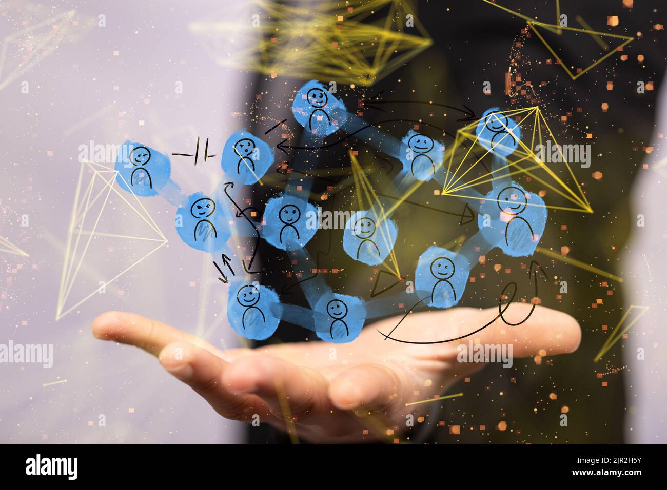 A drawn people in blue circles hovering above the palm Stock Photo - Alamy