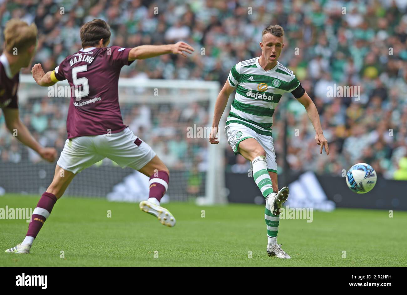 Glasgow, Scotland, 21st August 2022. Peter Haring of Hearts and David ...