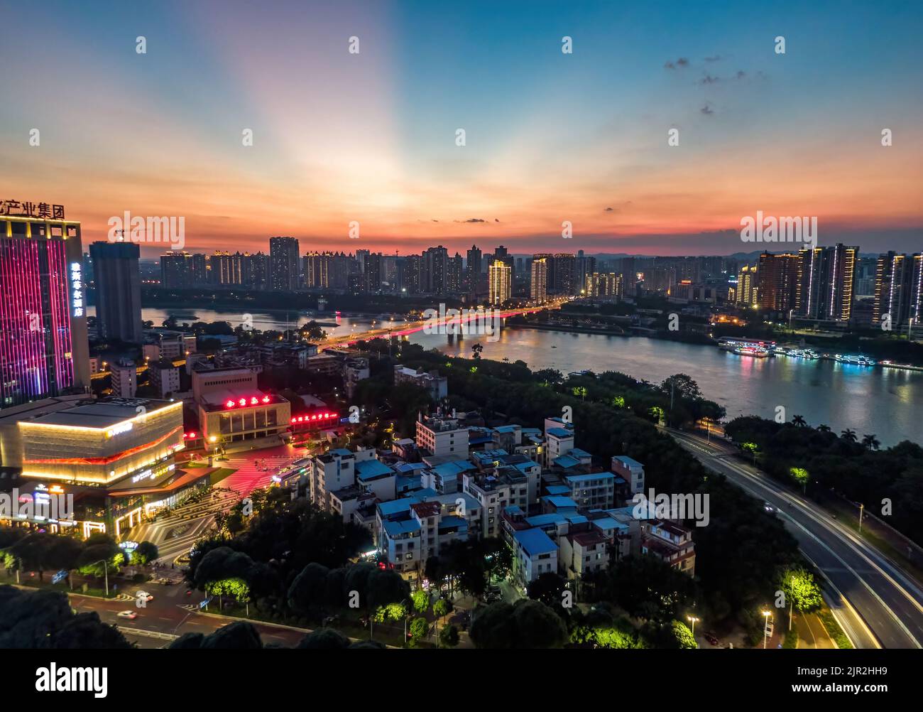 Evening city riverside buildings night scene in Nanning, Guangxi, China ...