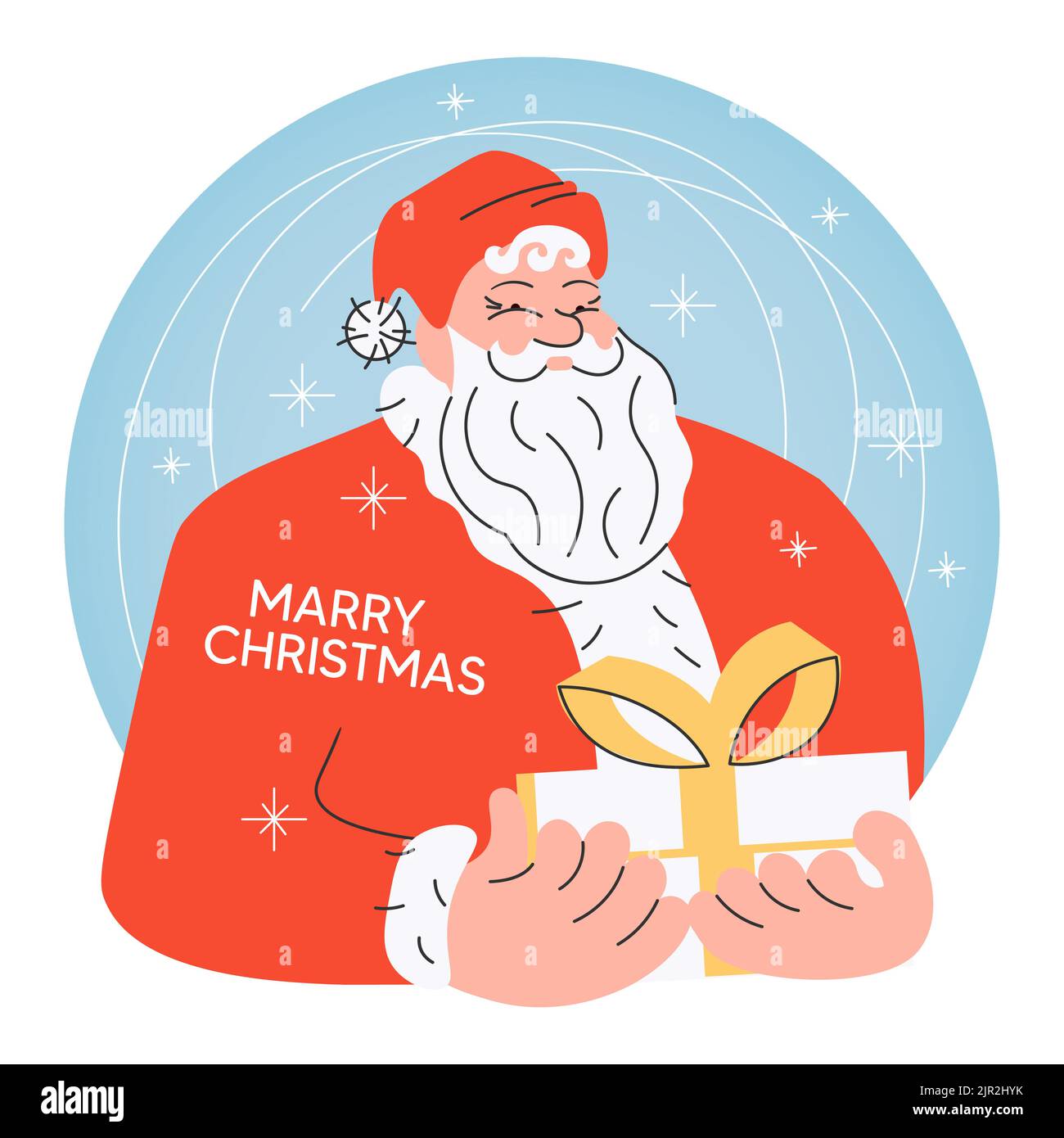 Christmas card with cute Santa Claus holding a gift box. Merry ...