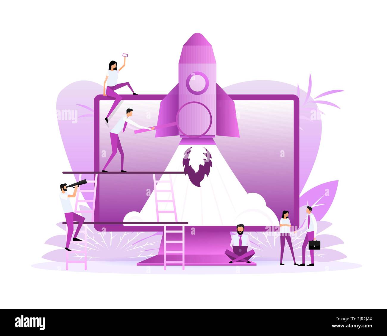 Poster with rocket people. Startup company launch concept, flat tiny ...