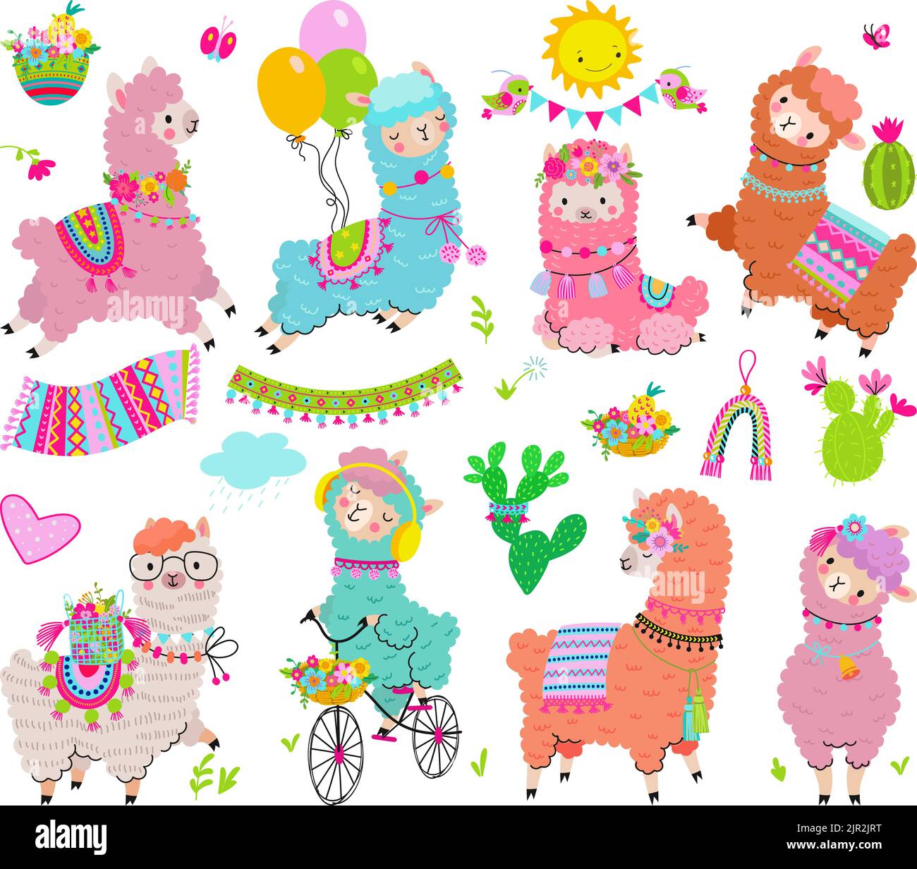 Llama with cactus mexican decorations. Cartoon alpaca from peru or ...