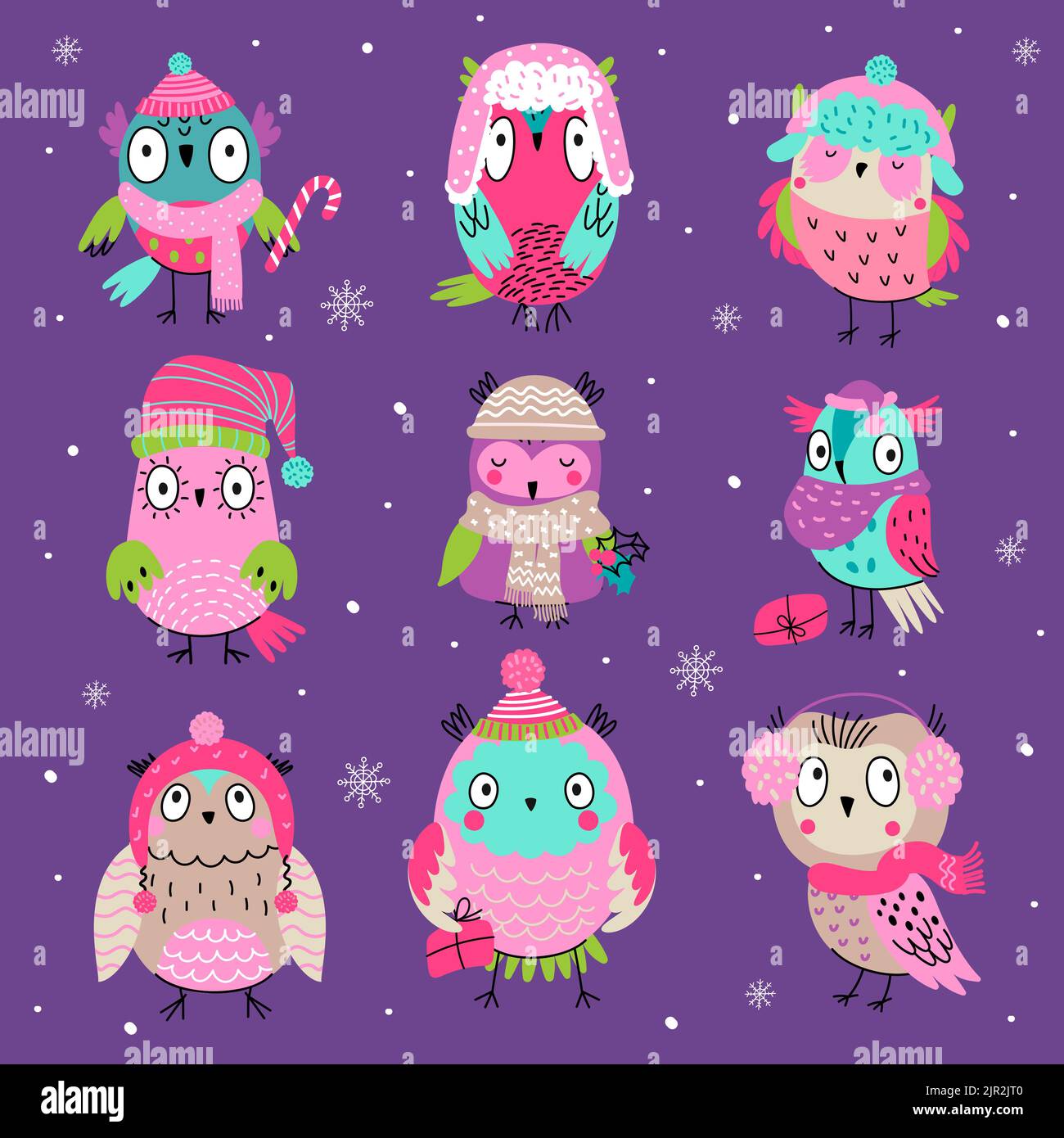 Funny winter owls xmas holiday season. Kid animals with present, sweets ...