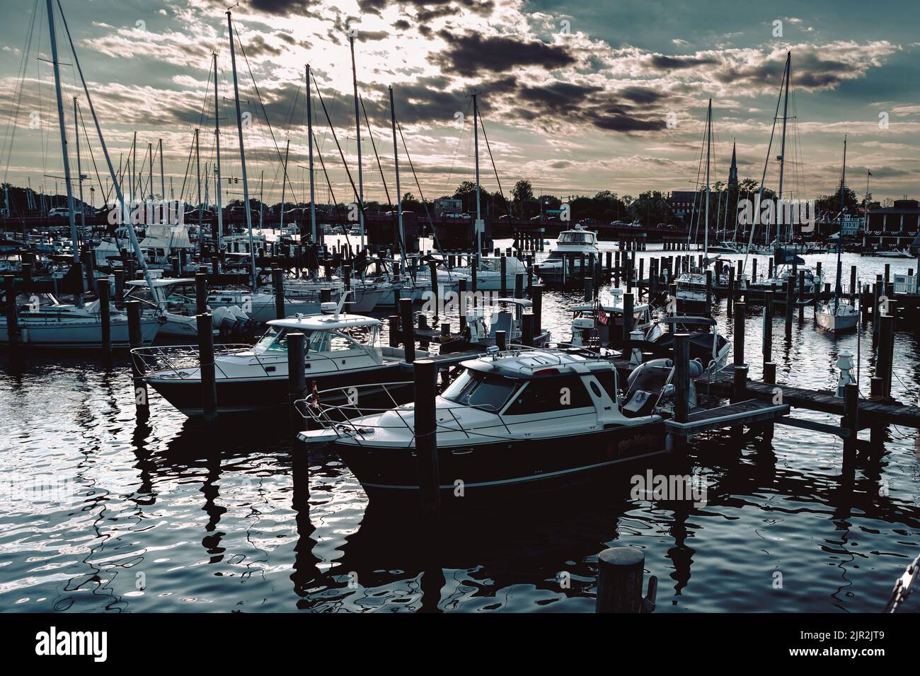 A scenic view of a port in Annapolis with boats under the blue sky ...