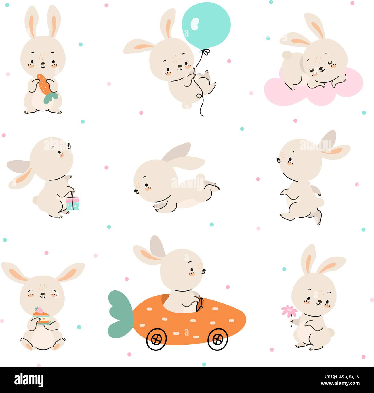 Cute cartoon bunny. Dancing rabbit, newborn baby funny animal stickers ...